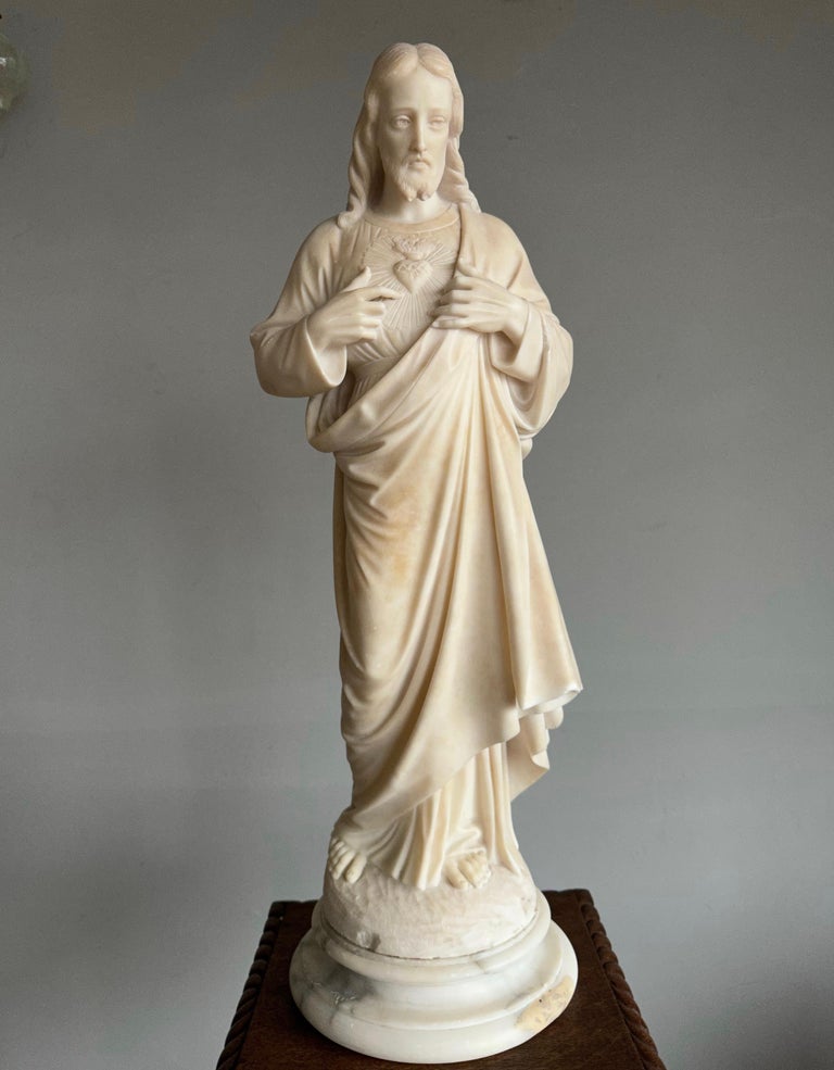 Antique and Large, Hand Carved Alabaster Sacred Heart of Christ ...
