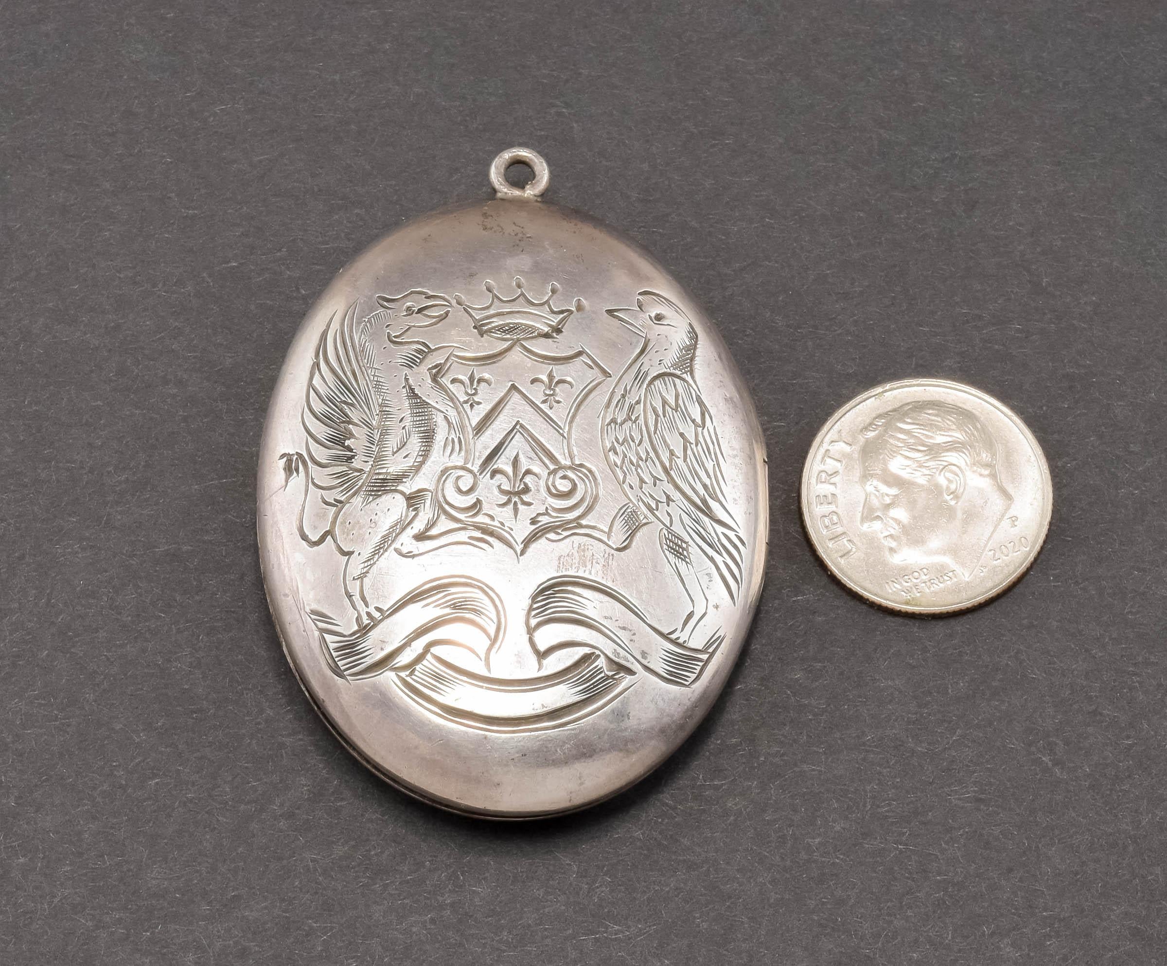 Antique Large Hand Engraved Sterling Silver Locket with Griffin and ...