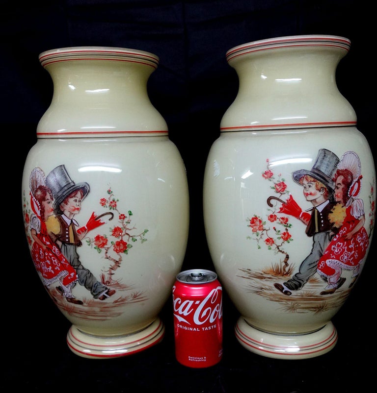 Antique large Hand Painted Bristol Glass Vases, Ric072 For Sale at 1stDibs