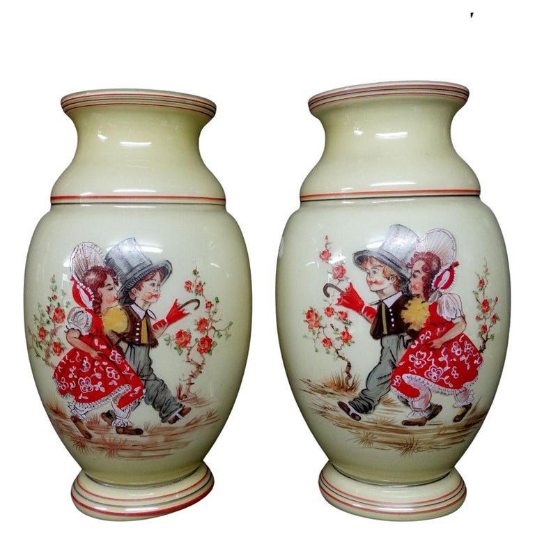 Antique large Hand Painted Bristol Glass Vases, Ric072 For Sale at 1stDibs