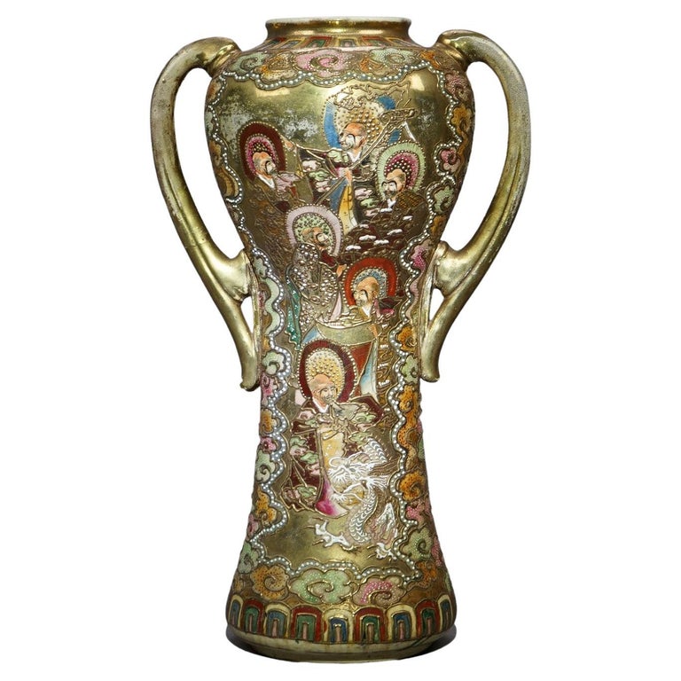 Antique Large Japanese Satsuma Moriage Porcelain Vase, Wise Men and ...
