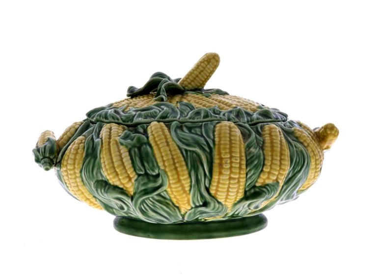 Antique Large Majolica Pottery Ceramic Corn Tureen Box with Tray ...