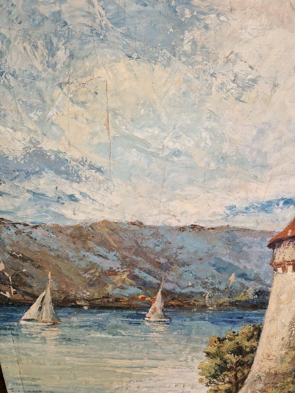 Antique Large Painting French Ecole "Vue de Chateau" For Sale at 1stDibs