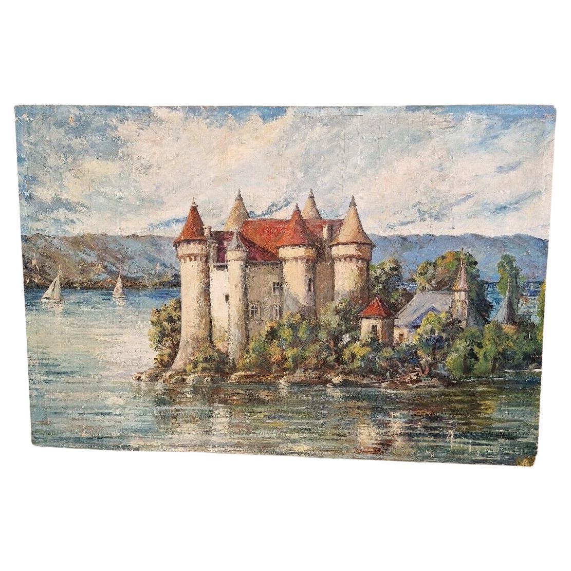 Antique Large Painting French Ecole "Vue de Chateau" For Sale at 1stDibs