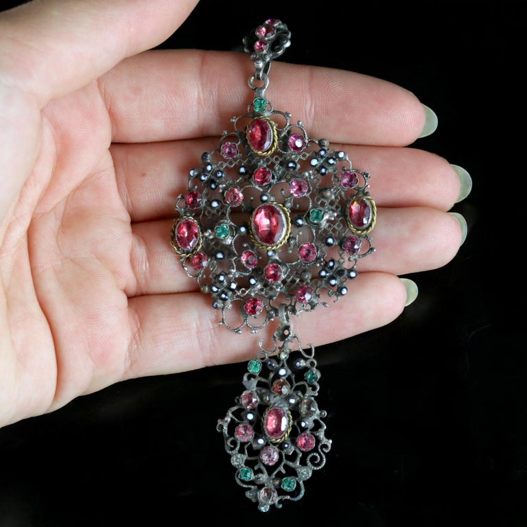 Antique Large Paste Stone Enamel Pendant Silver, For Sale at 1stDibs