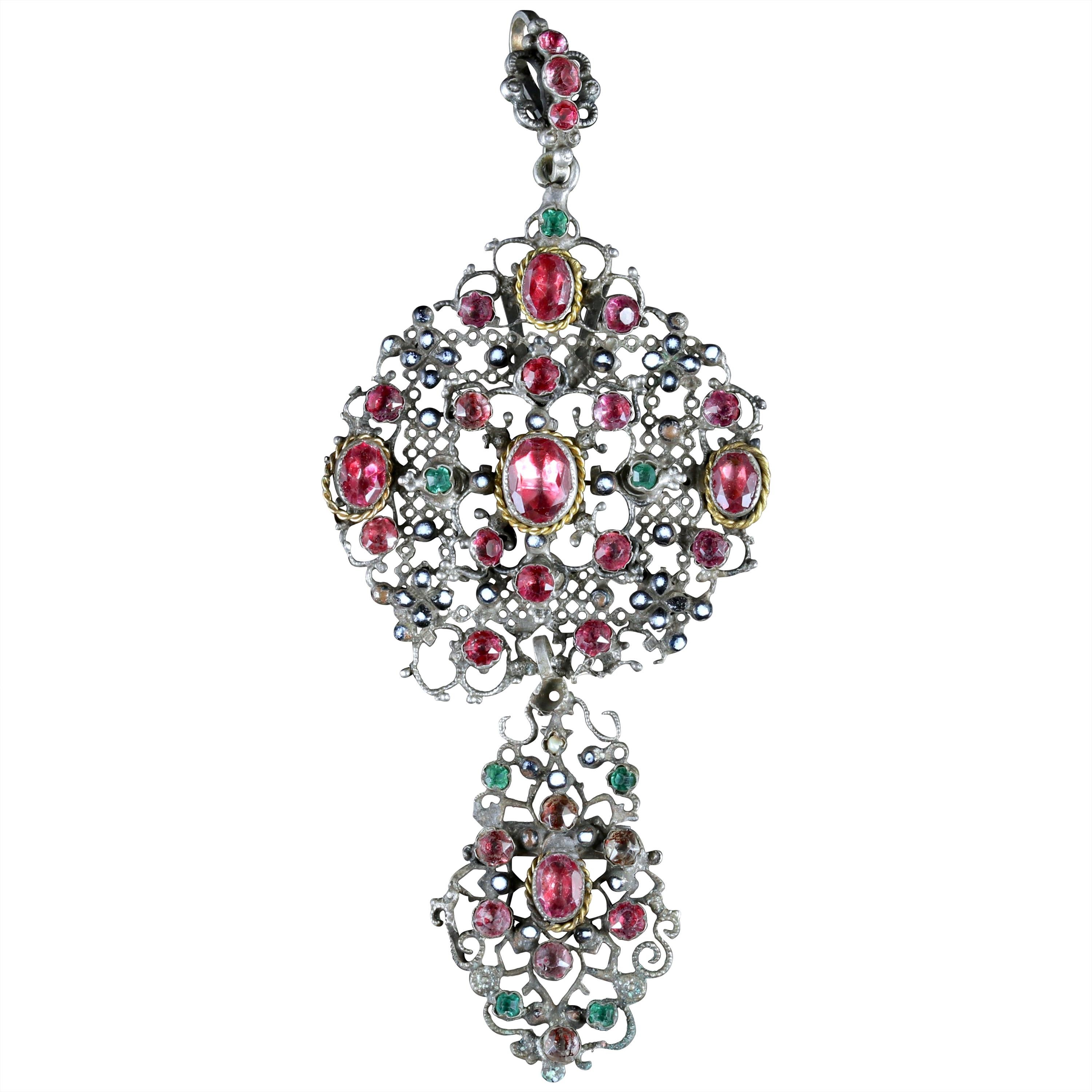 Antique Large Paste Stone Enamel Pendant Silver, For Sale at 1stDibs