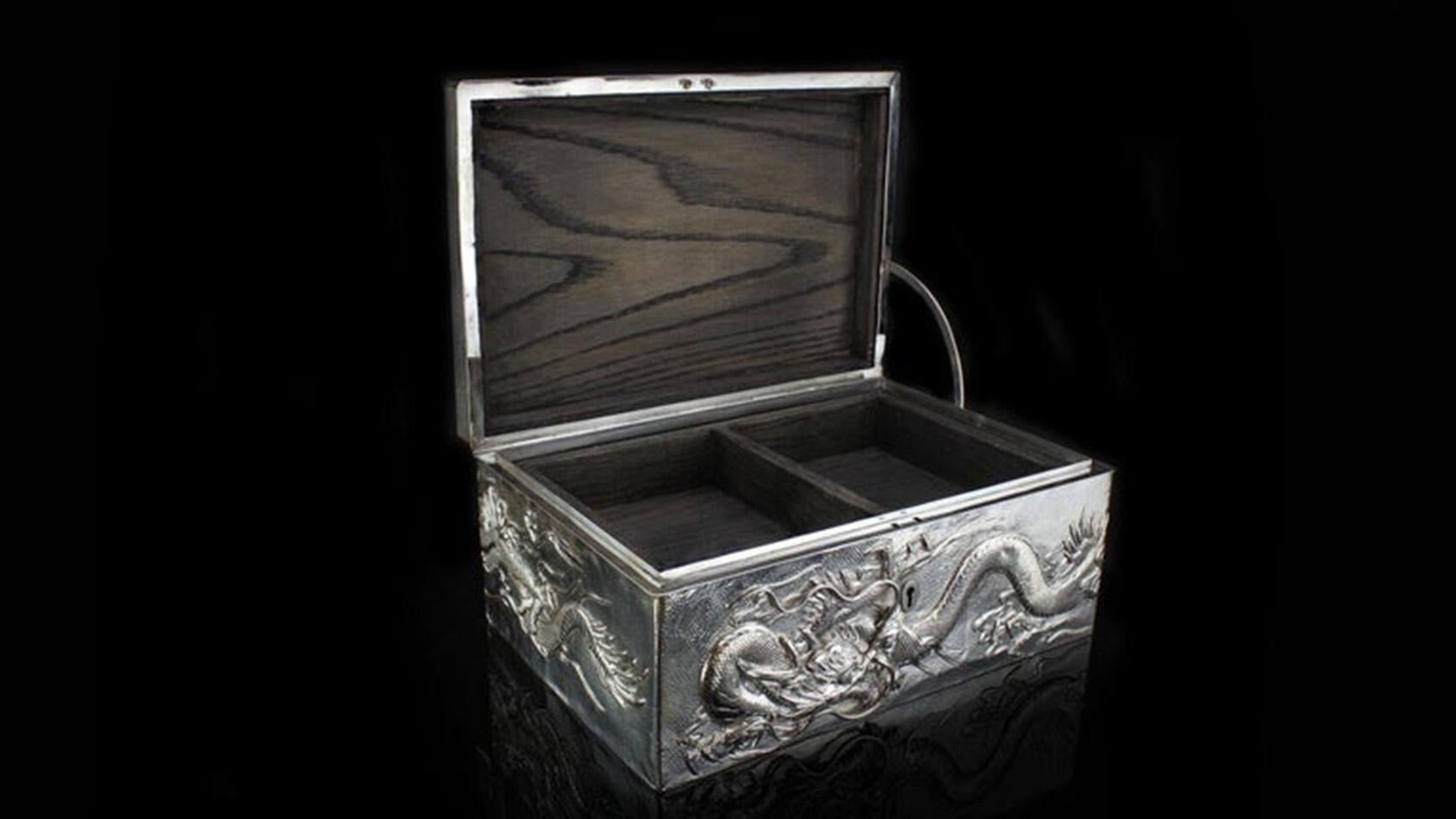 Antique Large Rectangular Japanese Silver Cigar Box Decorated with ...