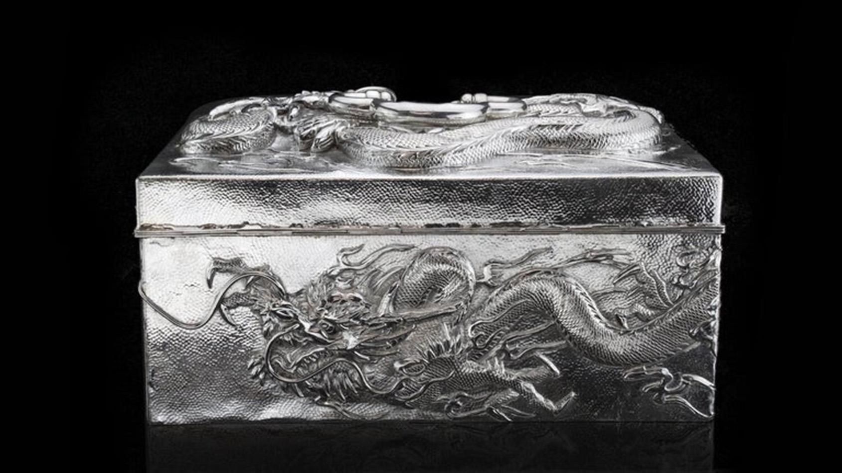 Antique Large Rectangular Japanese Silver Cigar Box Decorated with ...