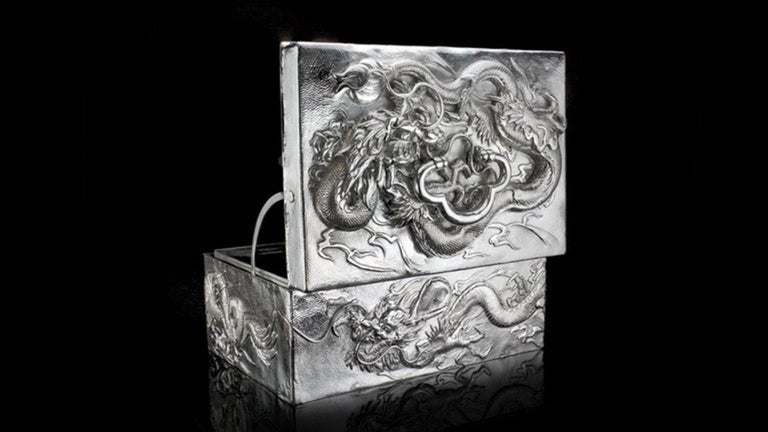 Antique Large Rectangular Japanese Silver Cigar Box Decorated with ...