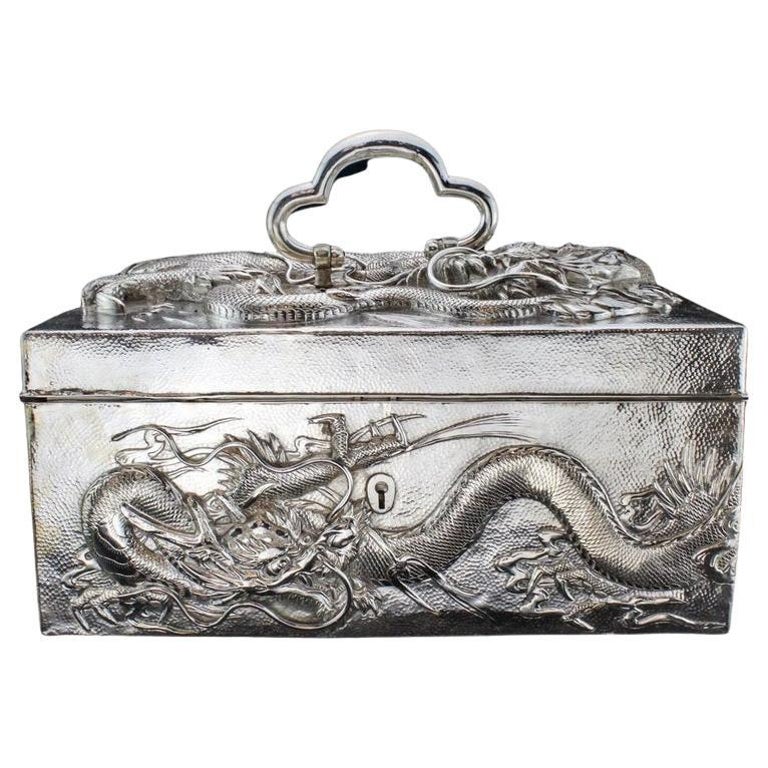 Antique Large Rectangular Japanese Silver Cigar Box Decorated with ...