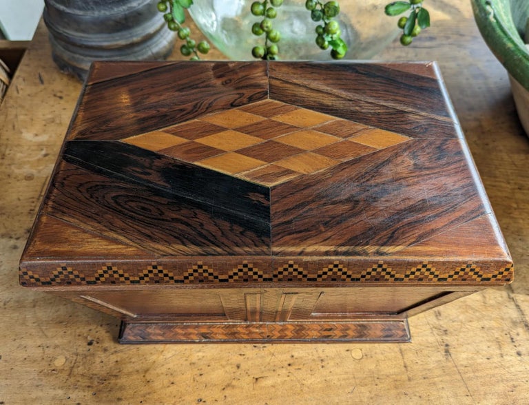 Antique Large Wood Marquetry Inlay Box with Decorative Checkered Design ...