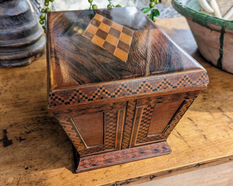 Antique Large Wood Marquetry Inlay Box with Decorative Checkered Design ...