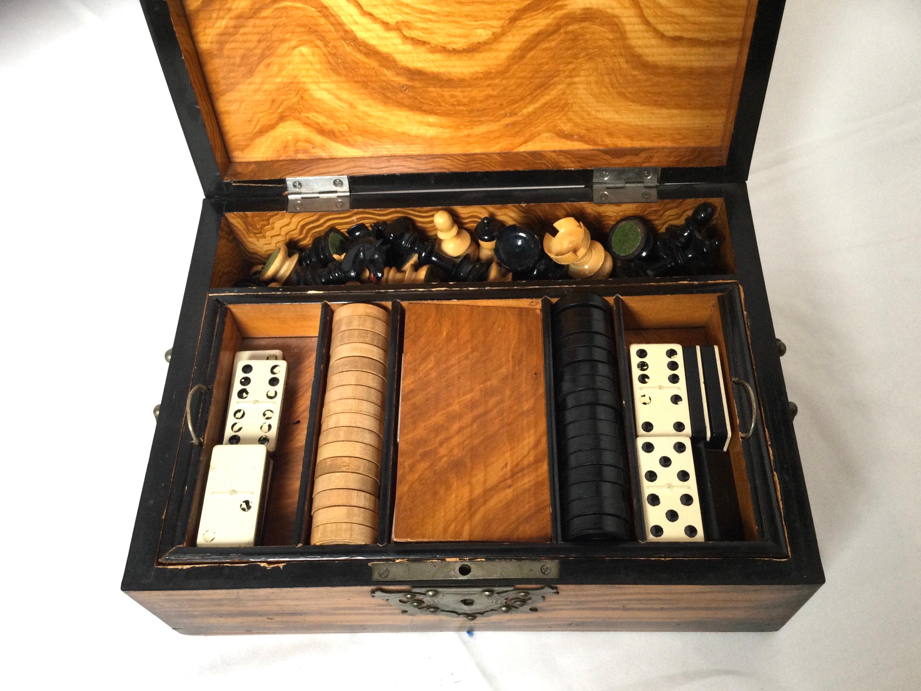 Antique Late 19th Century Burled Walnut Gaming Box with Pieces at 1stDibs