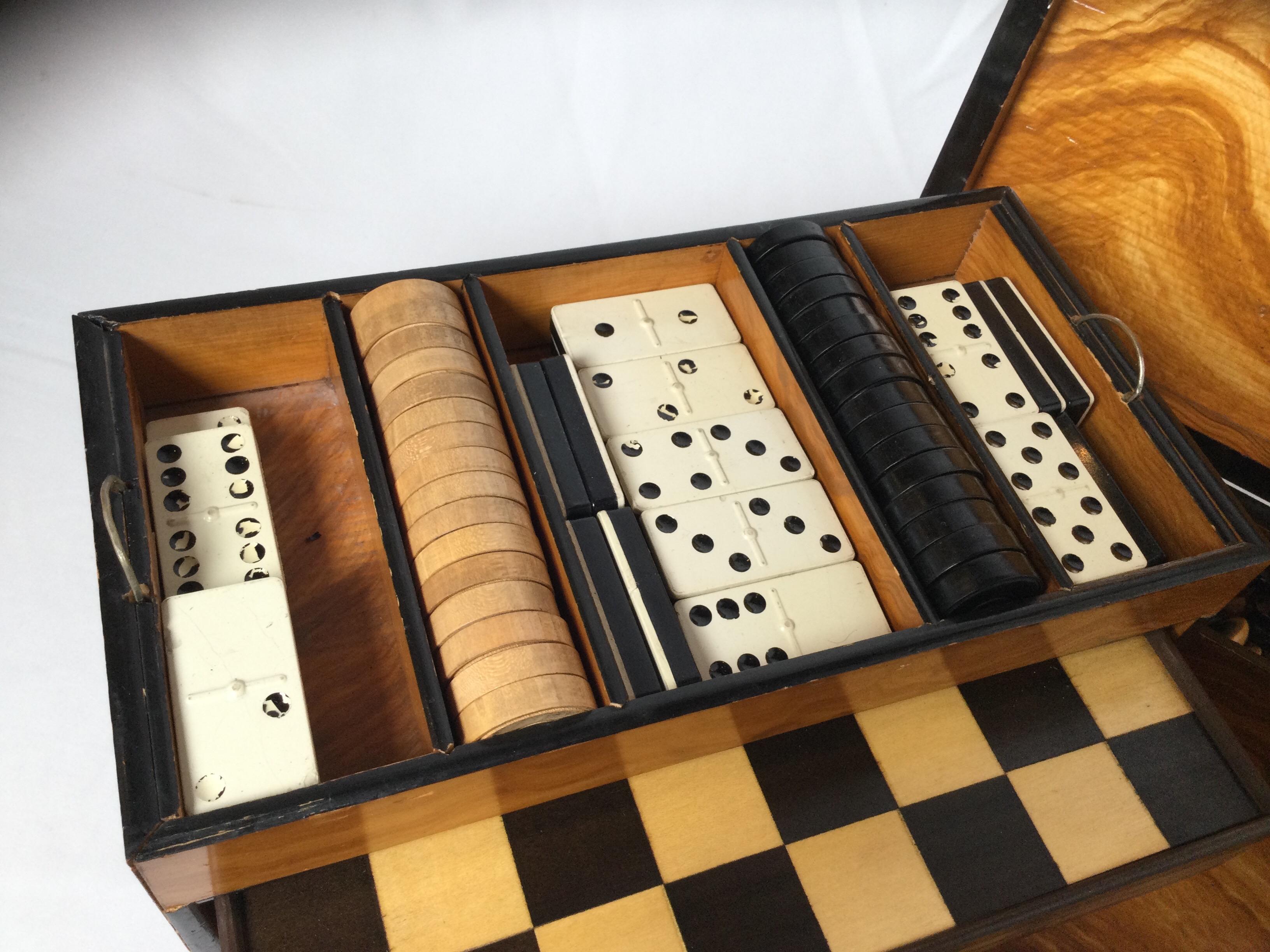 Antique Late 19th Century Burled Walnut Gaming Box with Pieces at 1stDibs