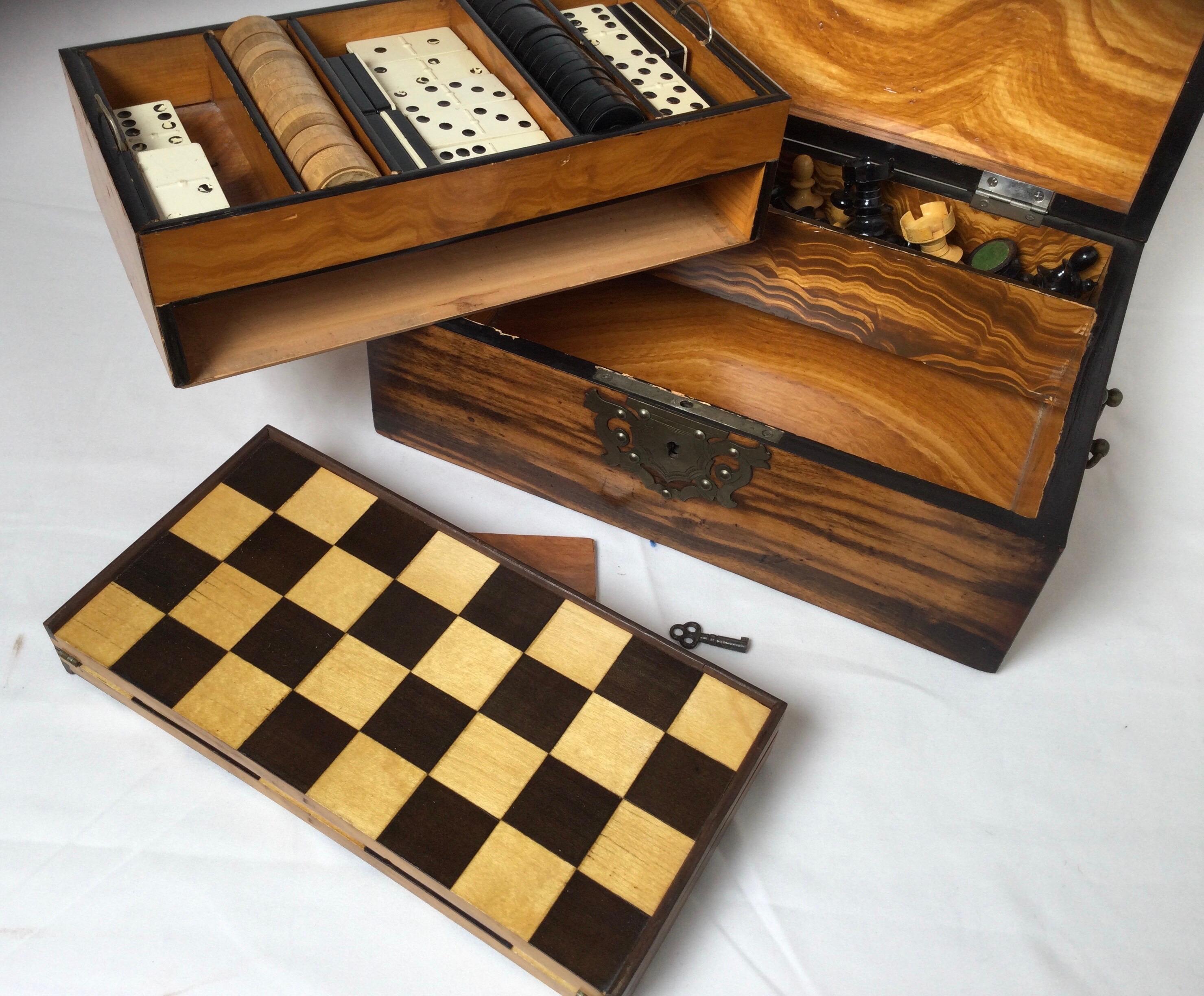 Antique Late 19th Century Burled Walnut Gaming Box with Pieces at 1stDibs