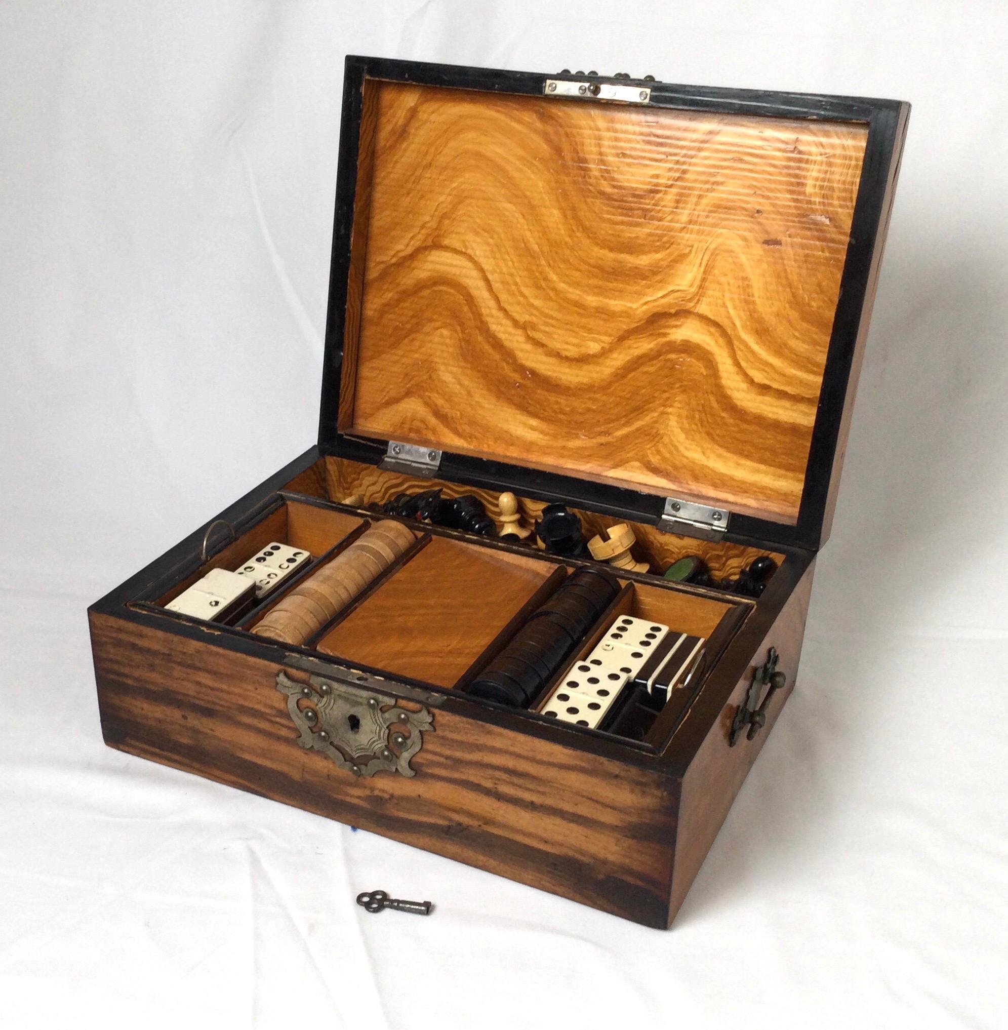 Antique Late 19th Century Burled Walnut Gaming Box with Pieces at 1stDibs