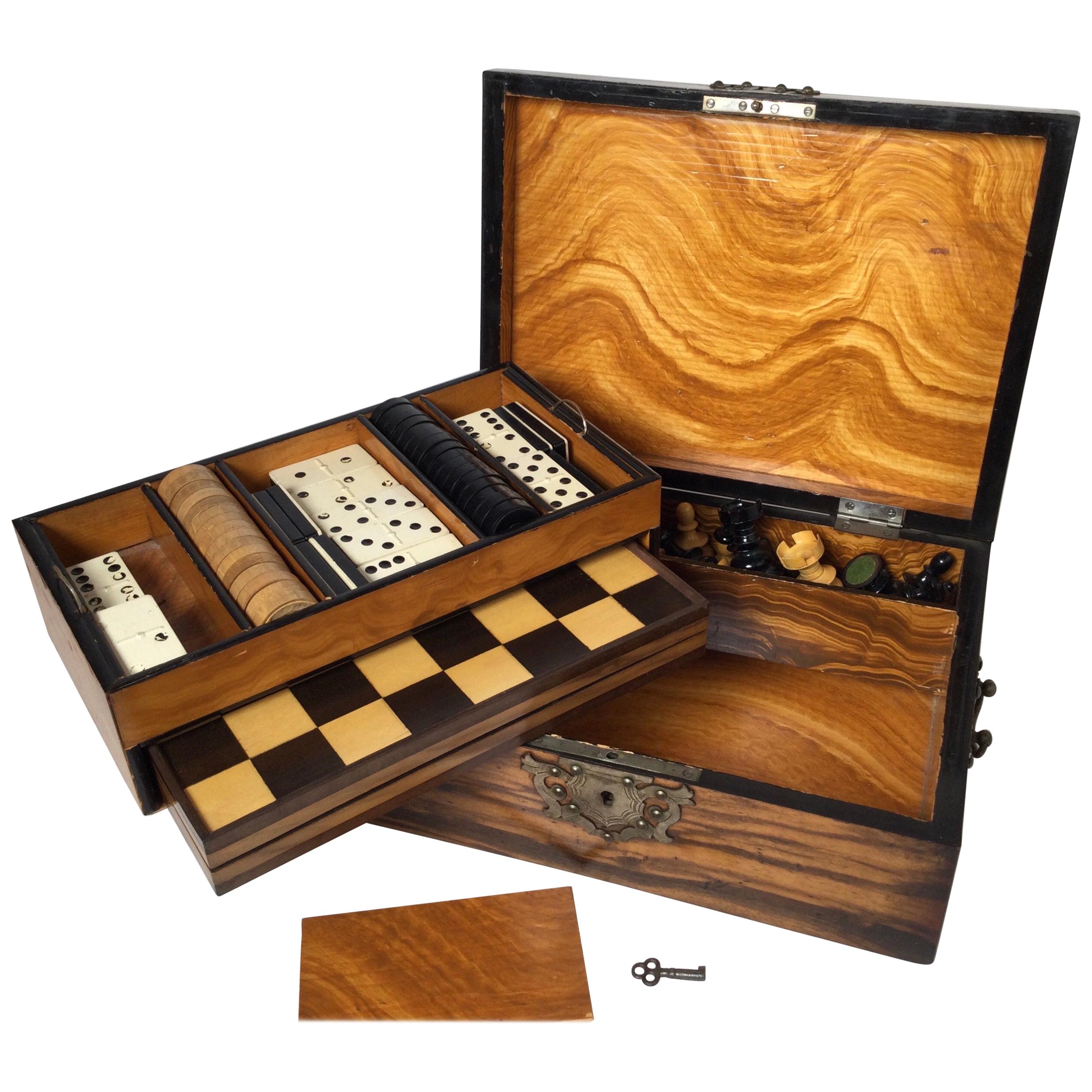 Antique Late 19th Century Burled Walnut Gaming Box with Pieces at 1stDibs