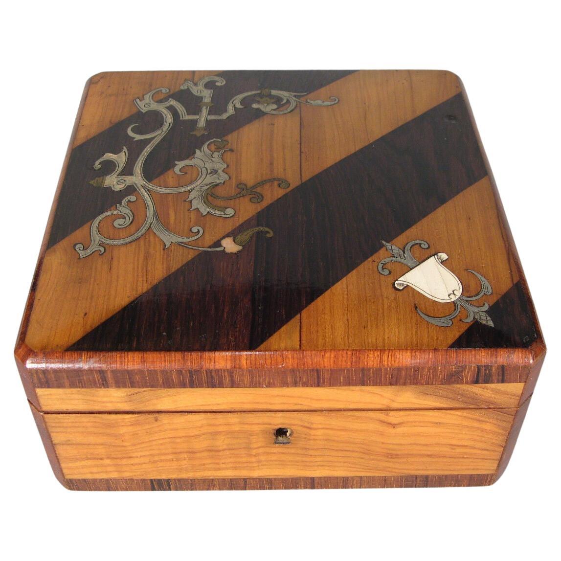 Antique Late 19th/Early 20th Century Inlaid Wood Jewelry Box with Brass ...