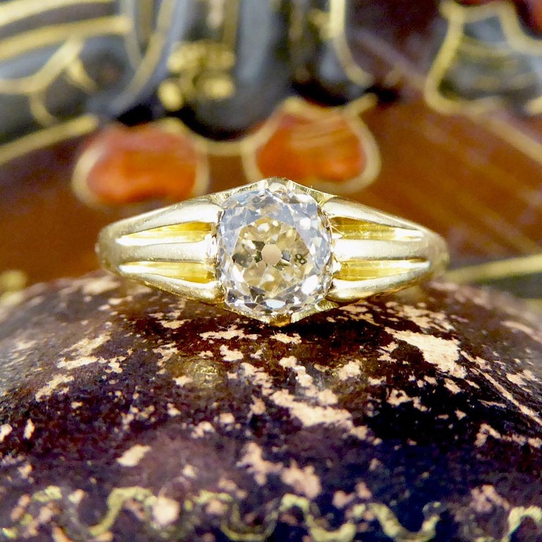 Antique Late Victorian Gypsy Set Old Cushion Cut Diamond Ring, 18 Carat ...