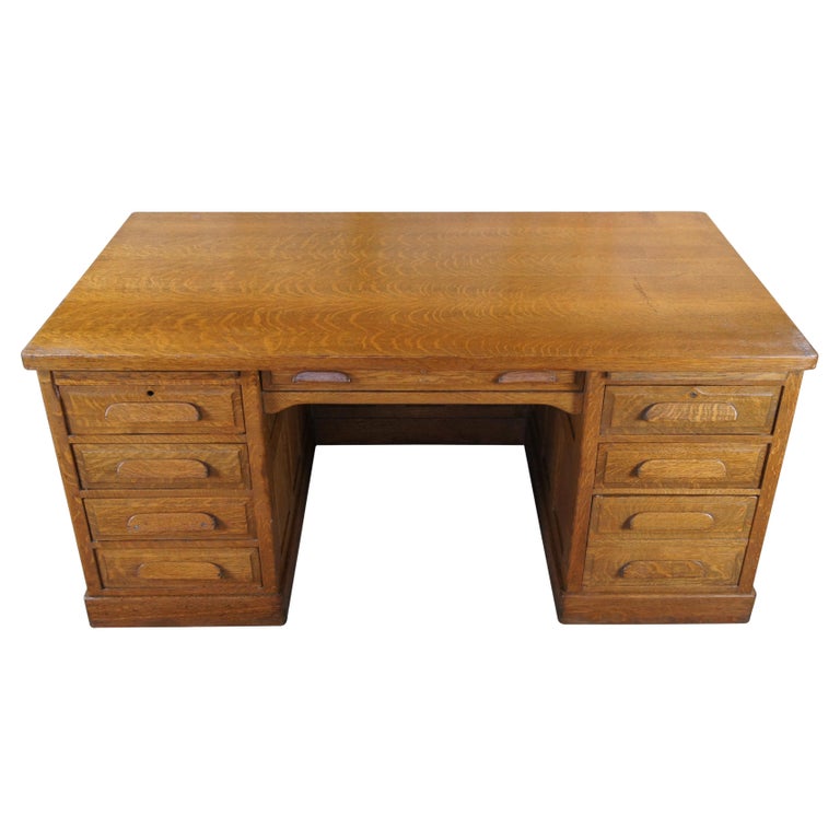 Antique Late Victorian Quartersawn Oak Executive Kneehole Library ...