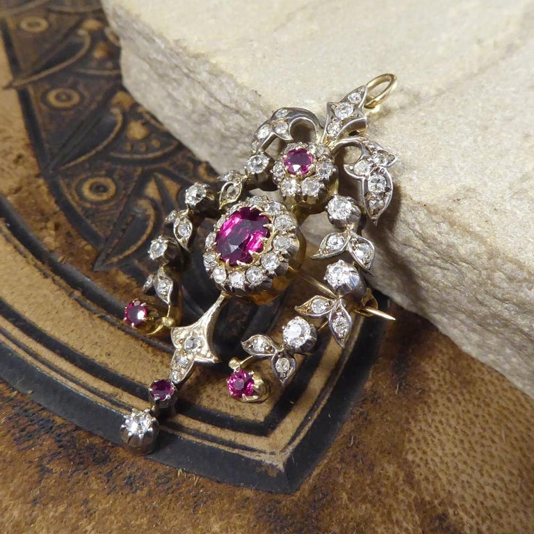 Antique Late Victorian Ruby and Diamond Brooch Pendant in Gold and ...