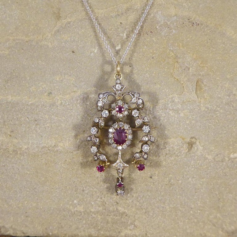 Antique Late Victorian Ruby and Diamond Brooch Pendant in Gold and ...