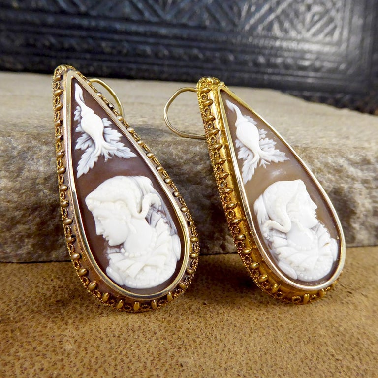 Antique Late Victorian Shell Cameo Ear Pendants in 15ct Yellow Gold For ...
