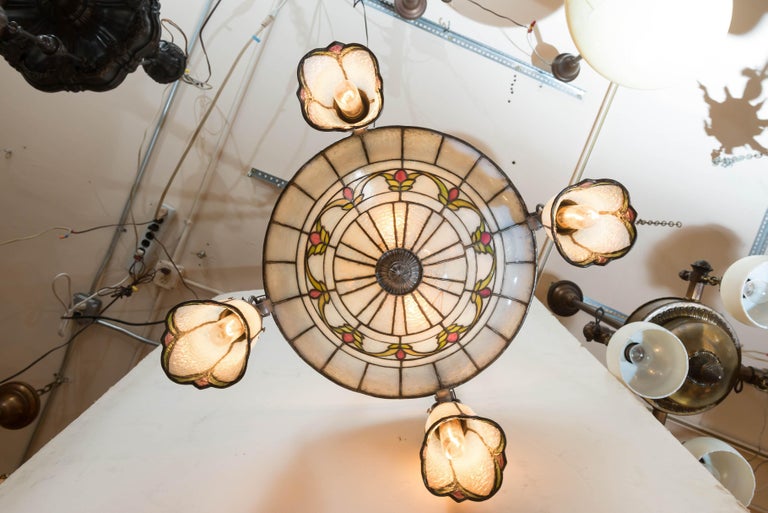 Antique Leaded Glass Inverted Dome with four Matching Satellite Shades ...