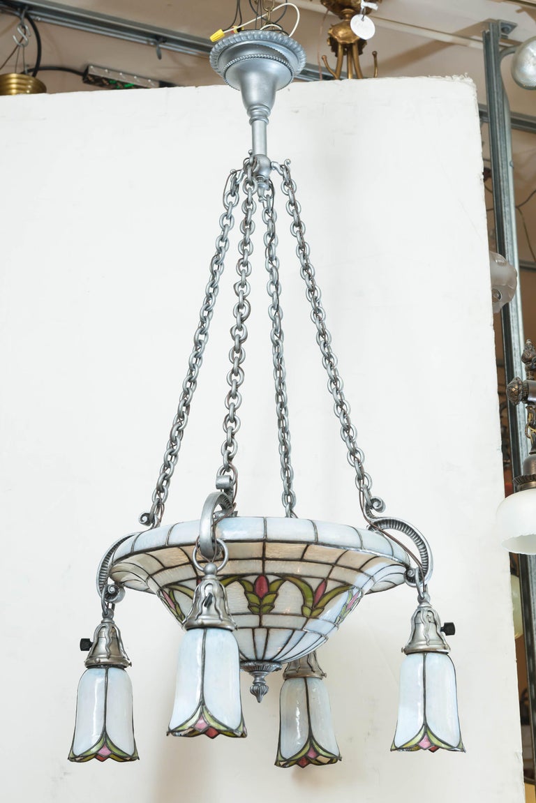 Antique Leaded Glass Inverted Dome with four Matching Satellite Shades ...