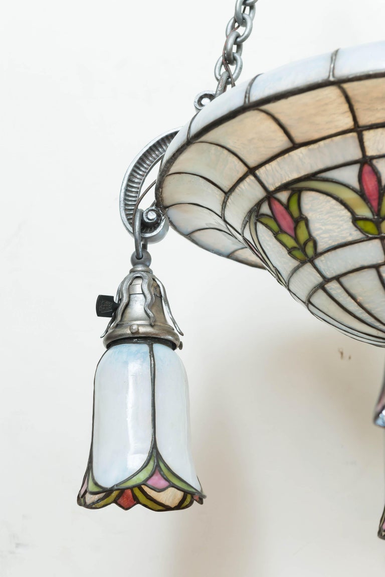 Antique Leaded Glass Inverted Dome with four Matching Satellite Shades ...