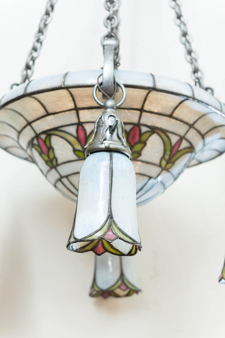 Antique Leaded Glass Inverted Dome with four Matching Satellite Shades ...