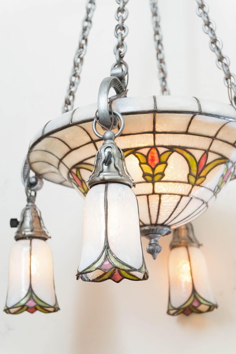 Antique Leaded Glass Inverted Dome with four Matching Satellite Shades ...