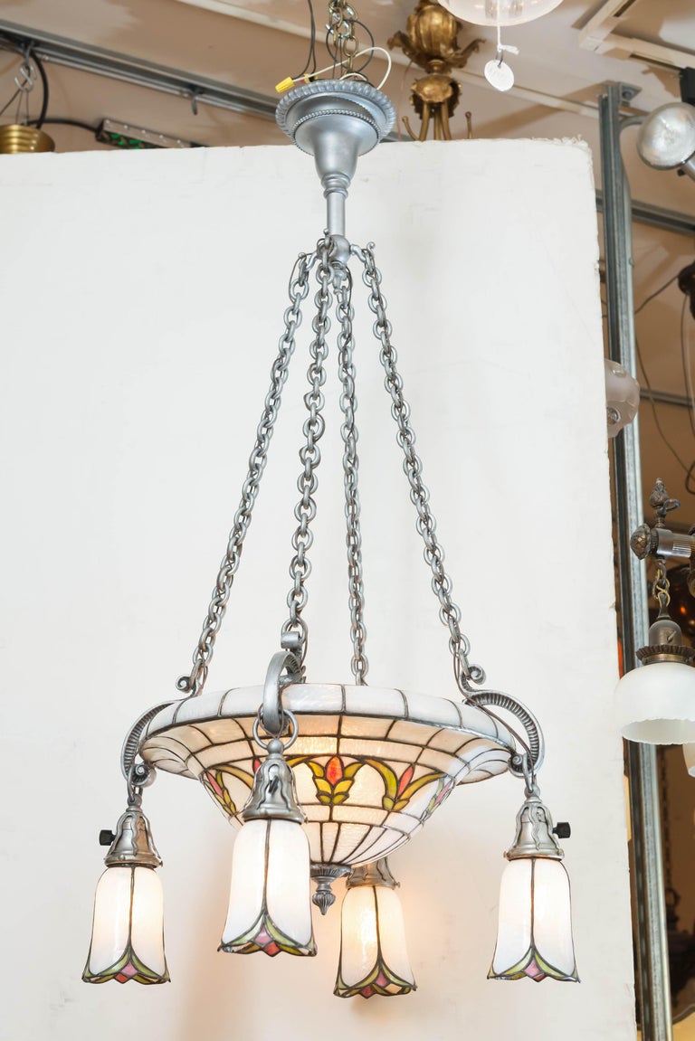 Antique Leaded Glass Inverted Dome with four Matching Satellite Shades ...