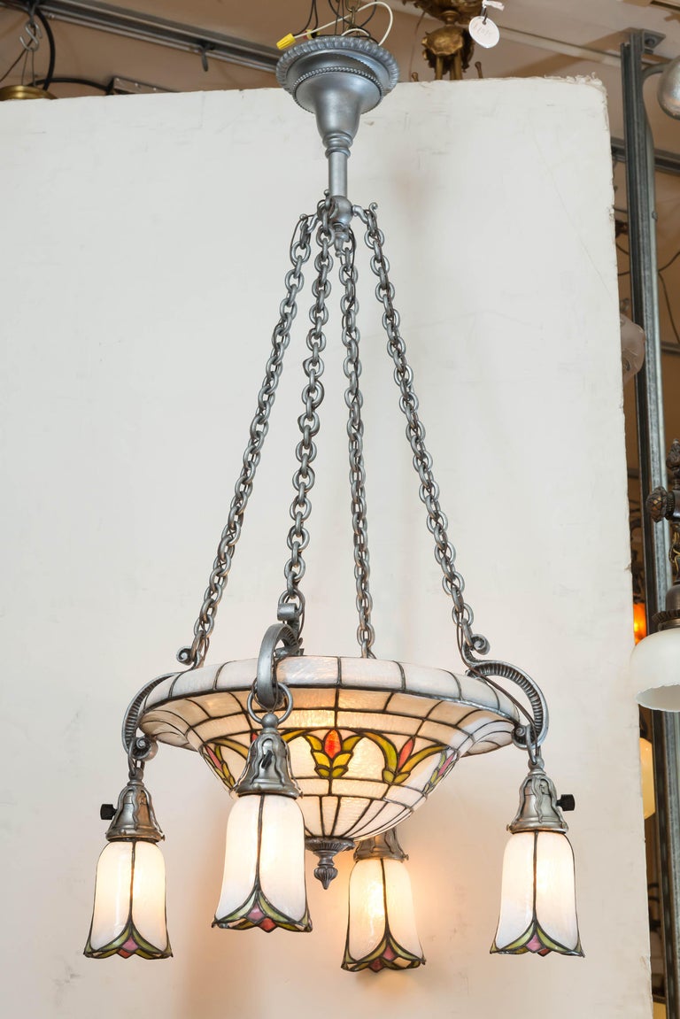 Antique Leaded Glass Inverted Dome with four Matching Satellite Shades ...