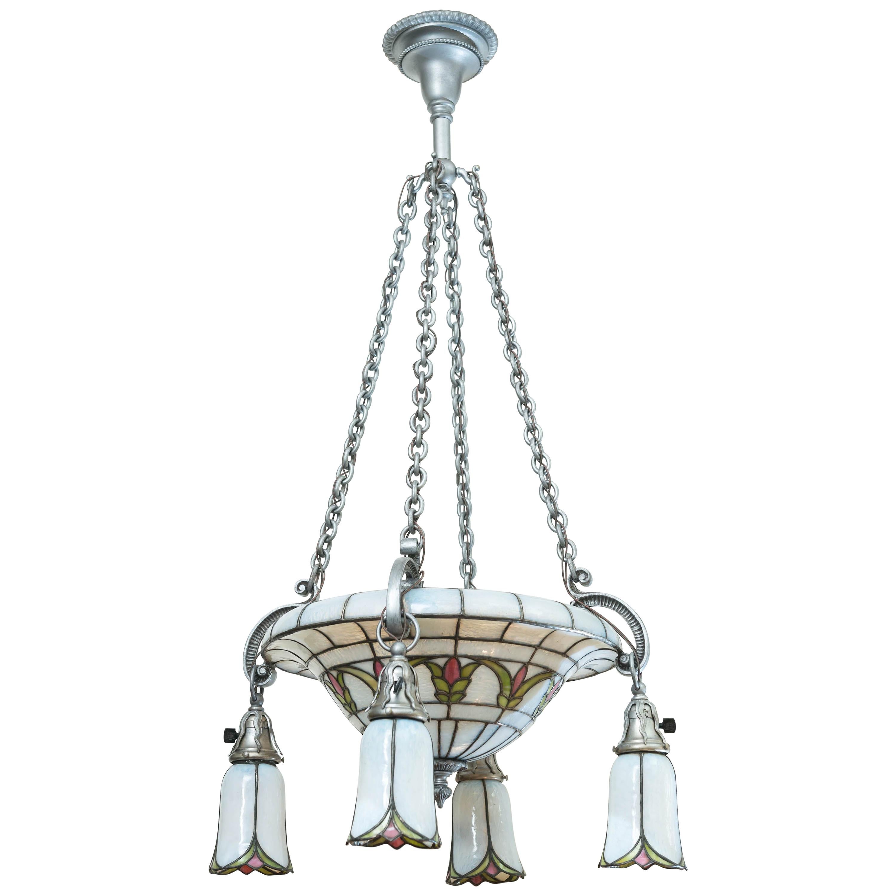 Antique Leaded Glass Inverted Dome with four Matching Satellite Shades ...