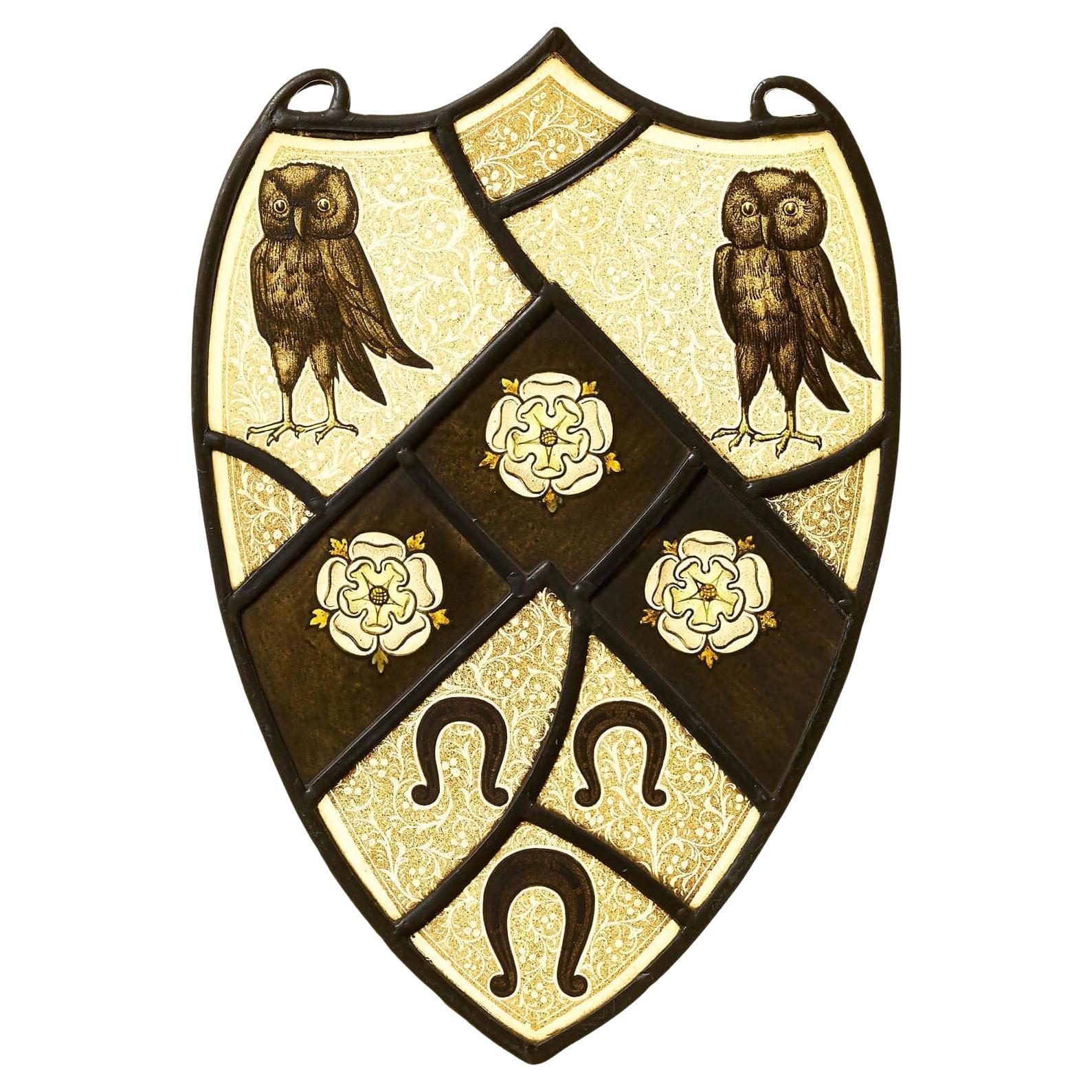 Antique Leaded Glass Shield with Owls For Sale at 1stDibs
