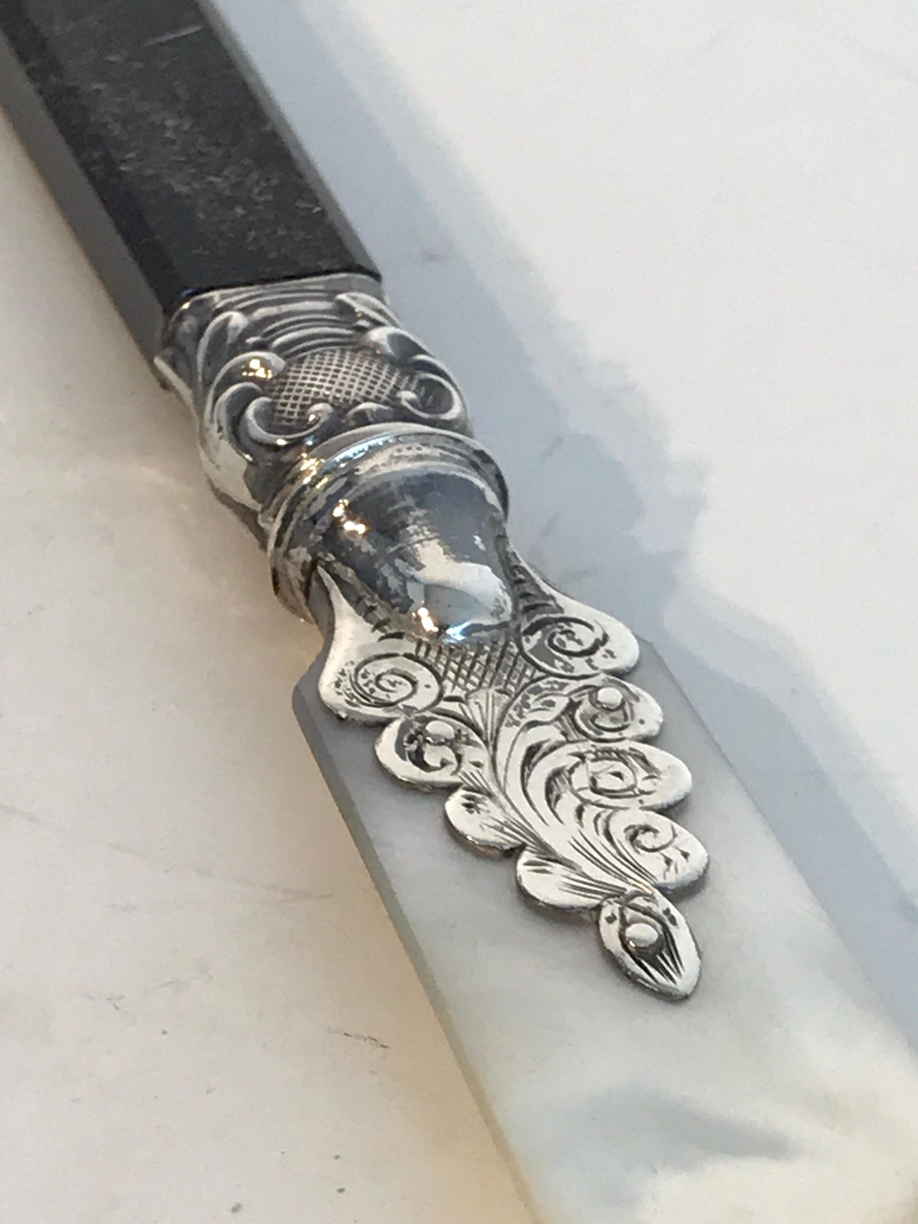 Antique Leather Cased Three-Piece Sterling and Agate Writing Set For ...