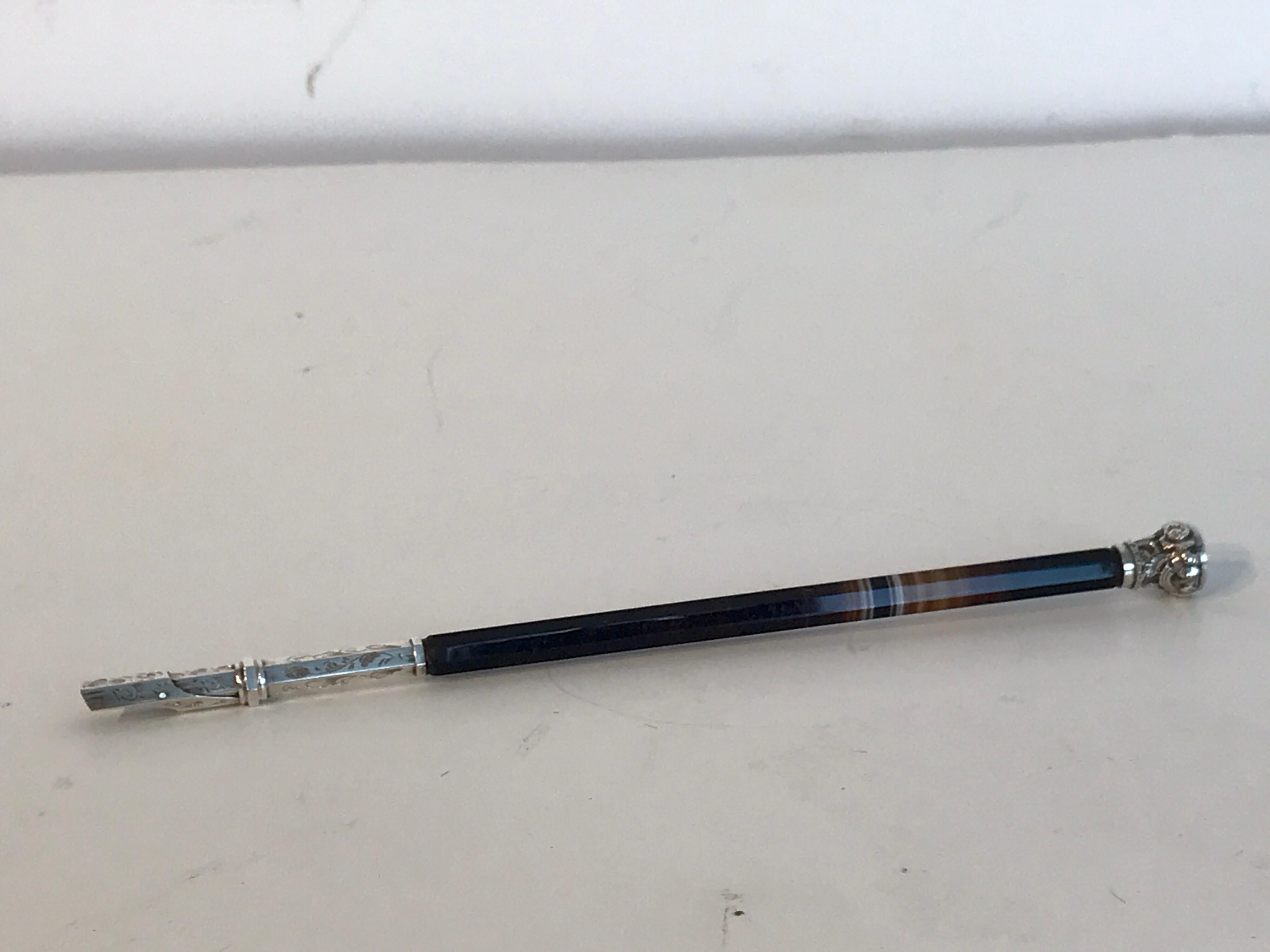 Antique Leather Cased Three-Piece Sterling and Agate Writing Set For ...