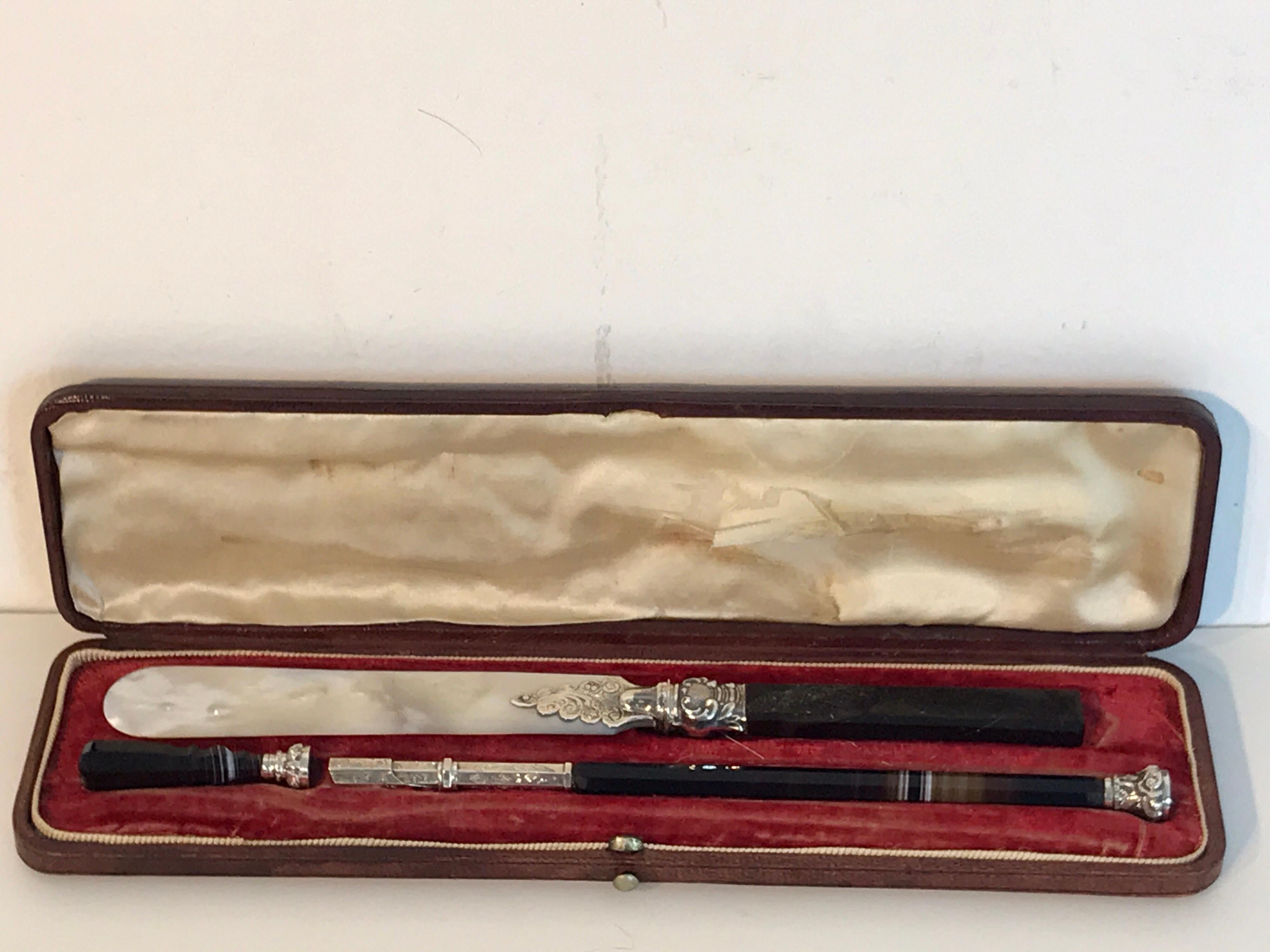 Antique Leather Cased Three-Piece Sterling and Agate Writing Set For ...