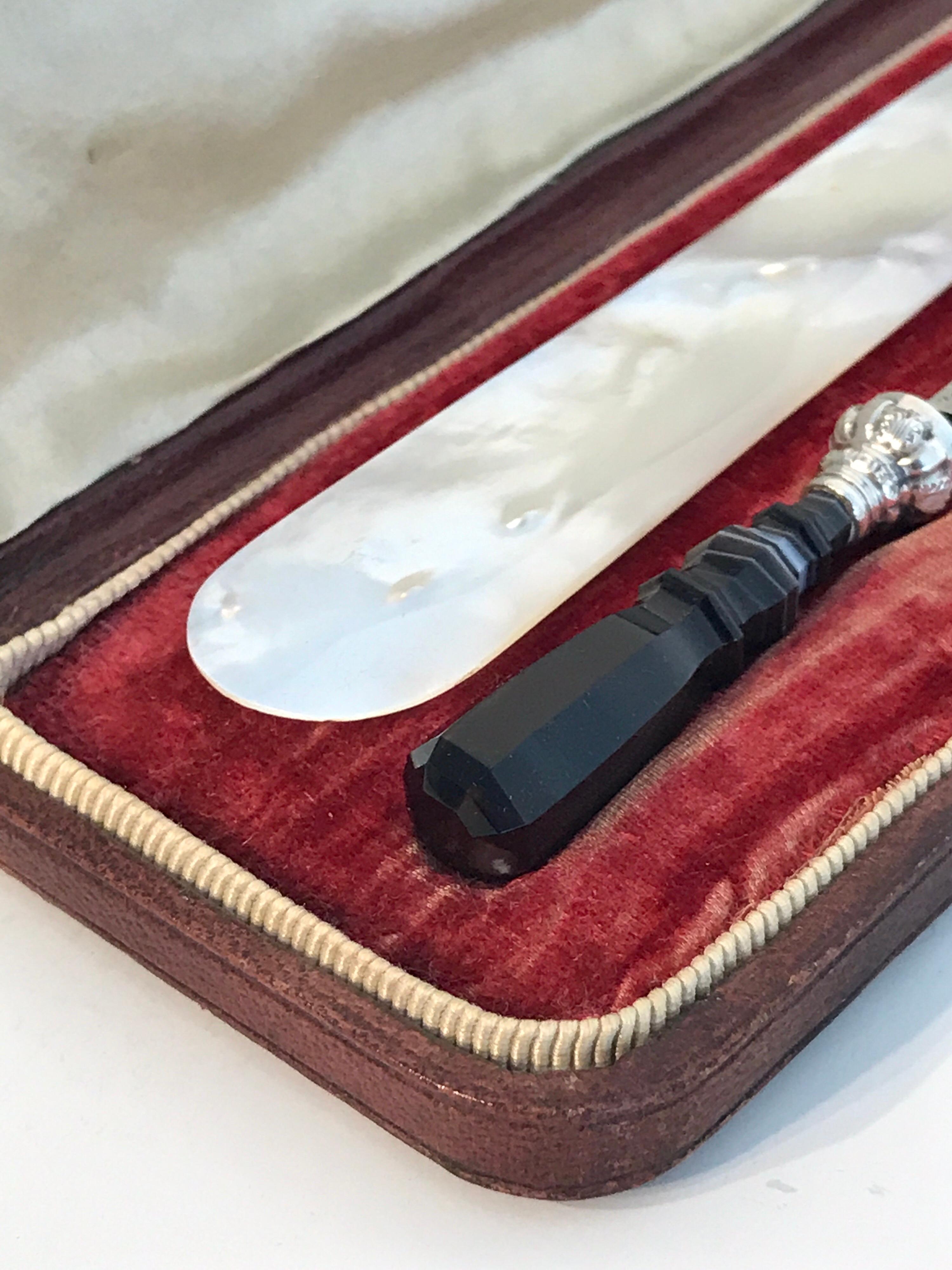 Antique Leather Cased Three-Piece Sterling and Agate Writing Set For ...