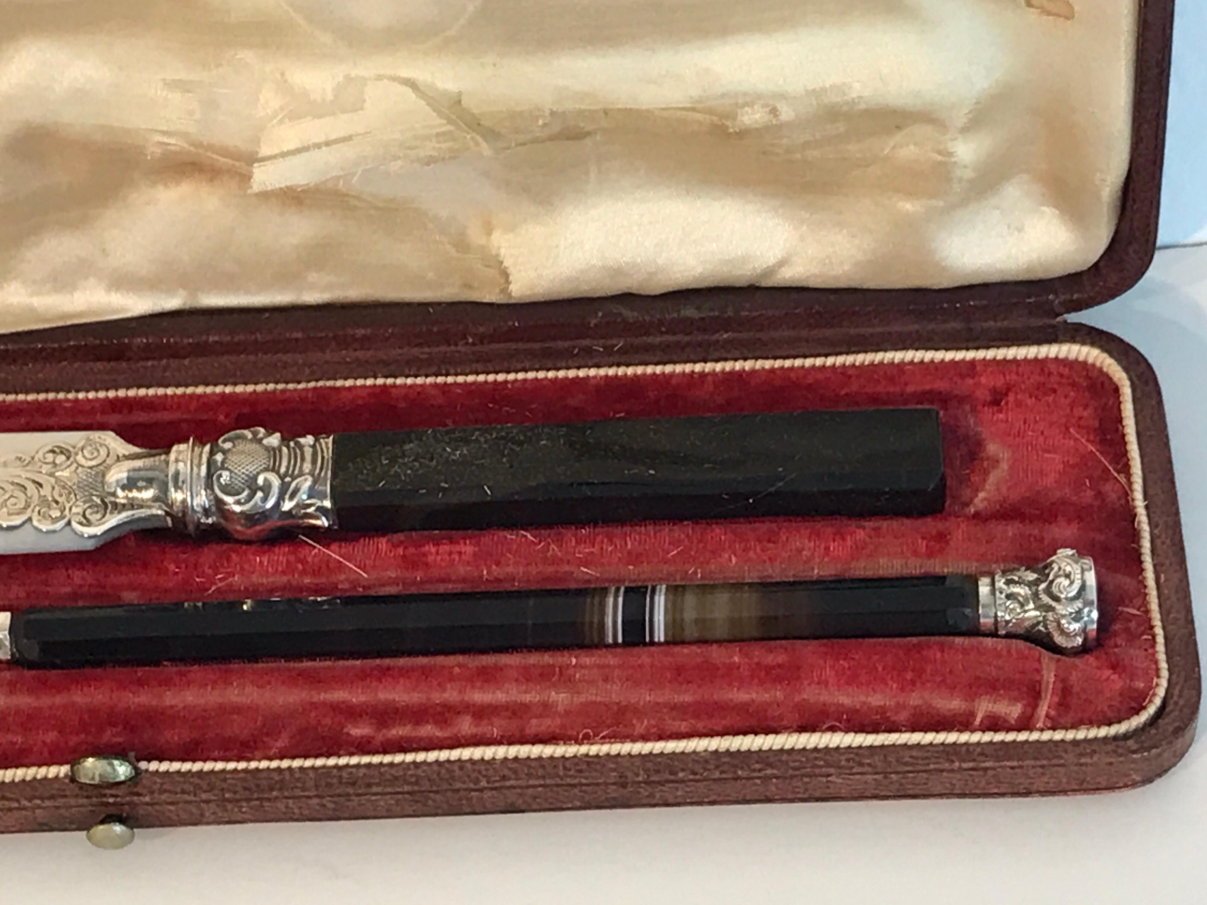 Antique Leather Cased Three-Piece Sterling and Agate Writing Set For ...