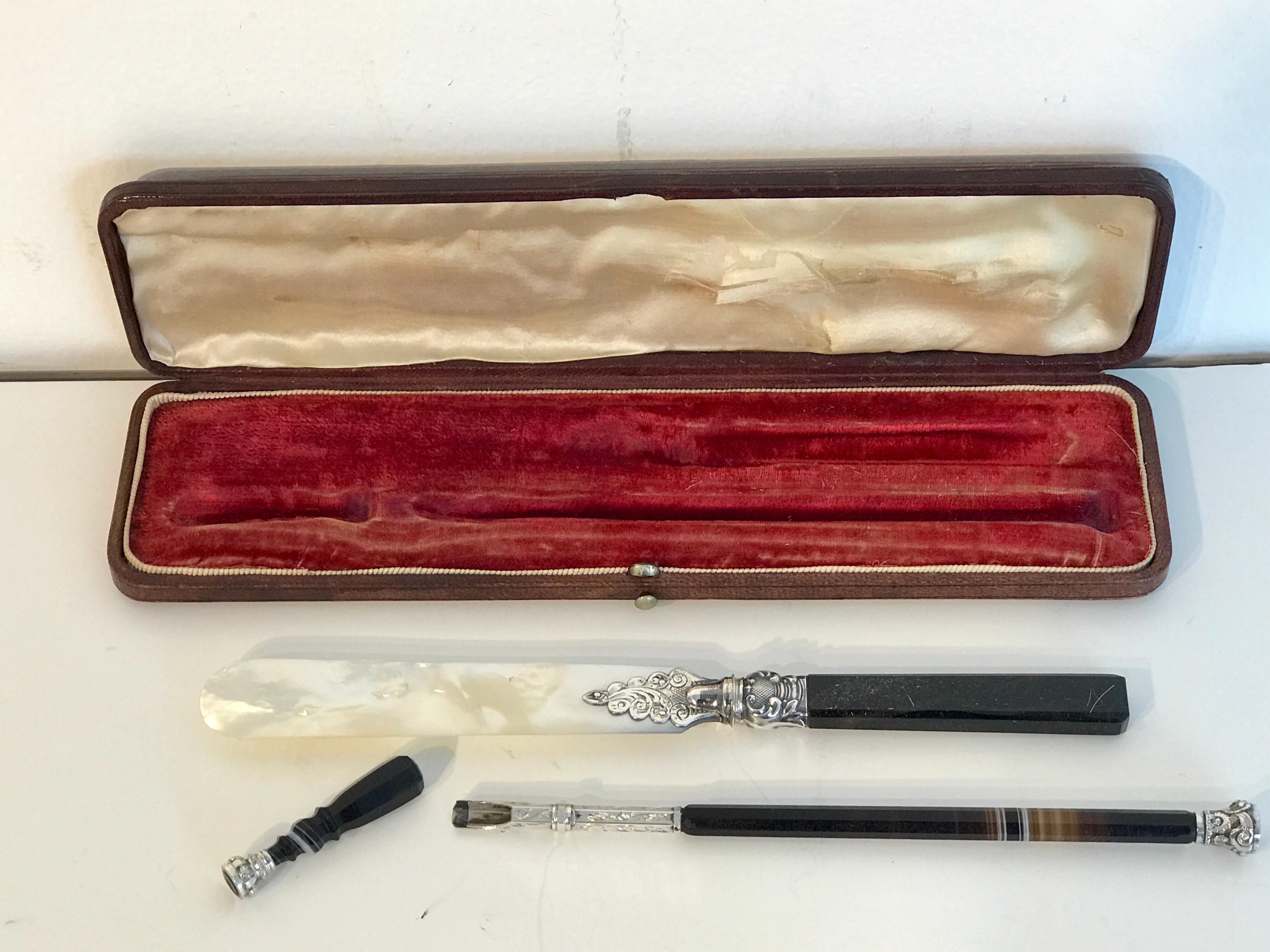 Antique Leather Cased Three-Piece Sterling and Agate Writing Set For ...