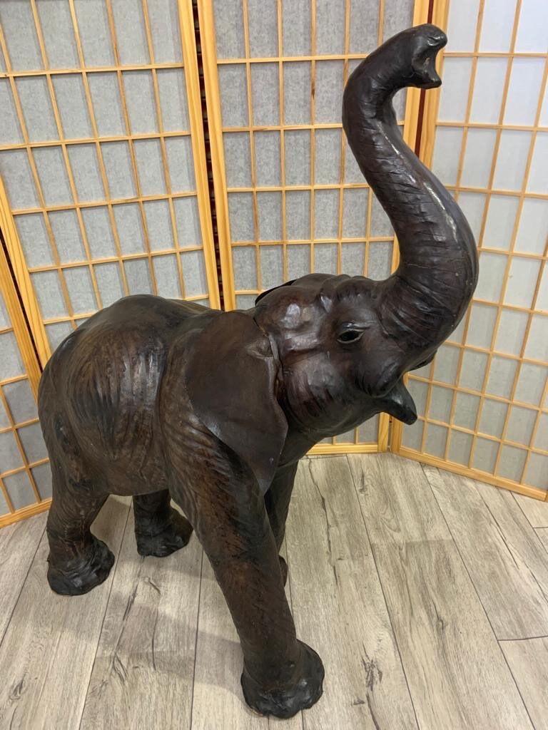 Antique Leather Elephant Sculpture with Glass Eyes For Sale at 1stDibs