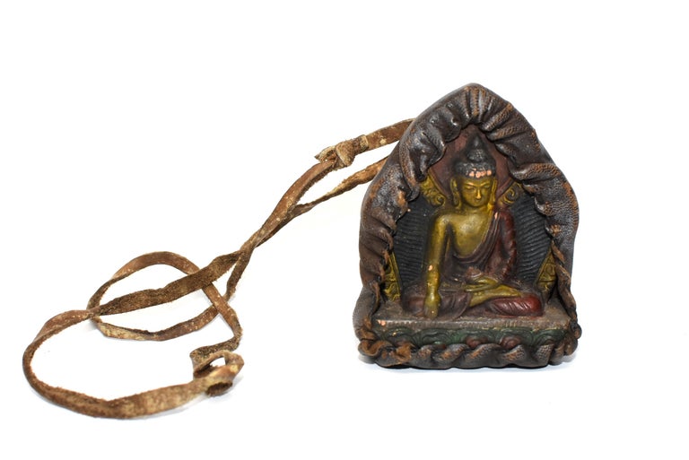 Antique Leather Tibetan Amulet, with Buddha in Meditation at 1stDibs