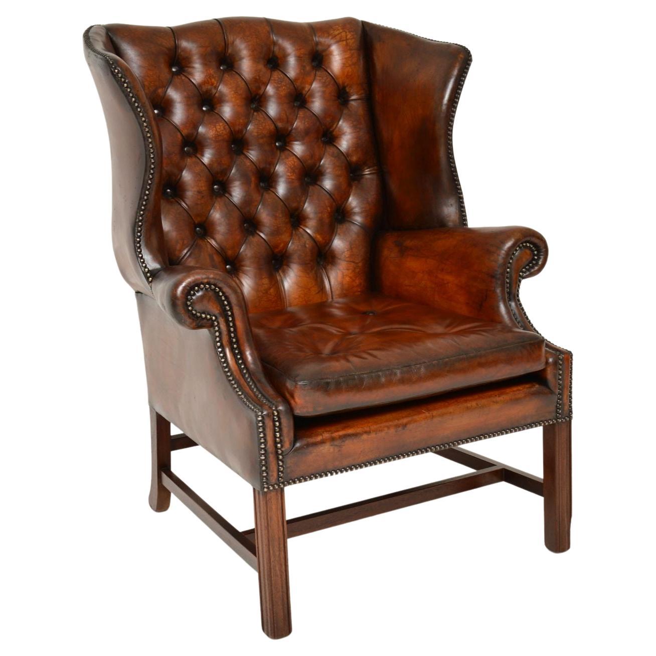 c.1900 English Chippendale Tufted Leather Wing Back Chair at 1stDibs