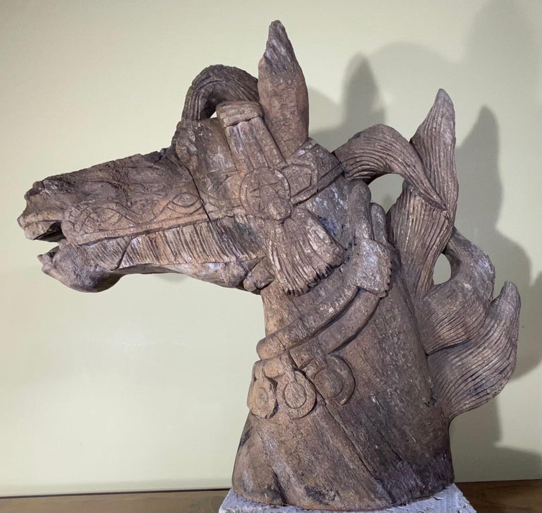 Antique Life Size Hand Carved Wood Horse Head Sculpture For Sale at 1stDibs