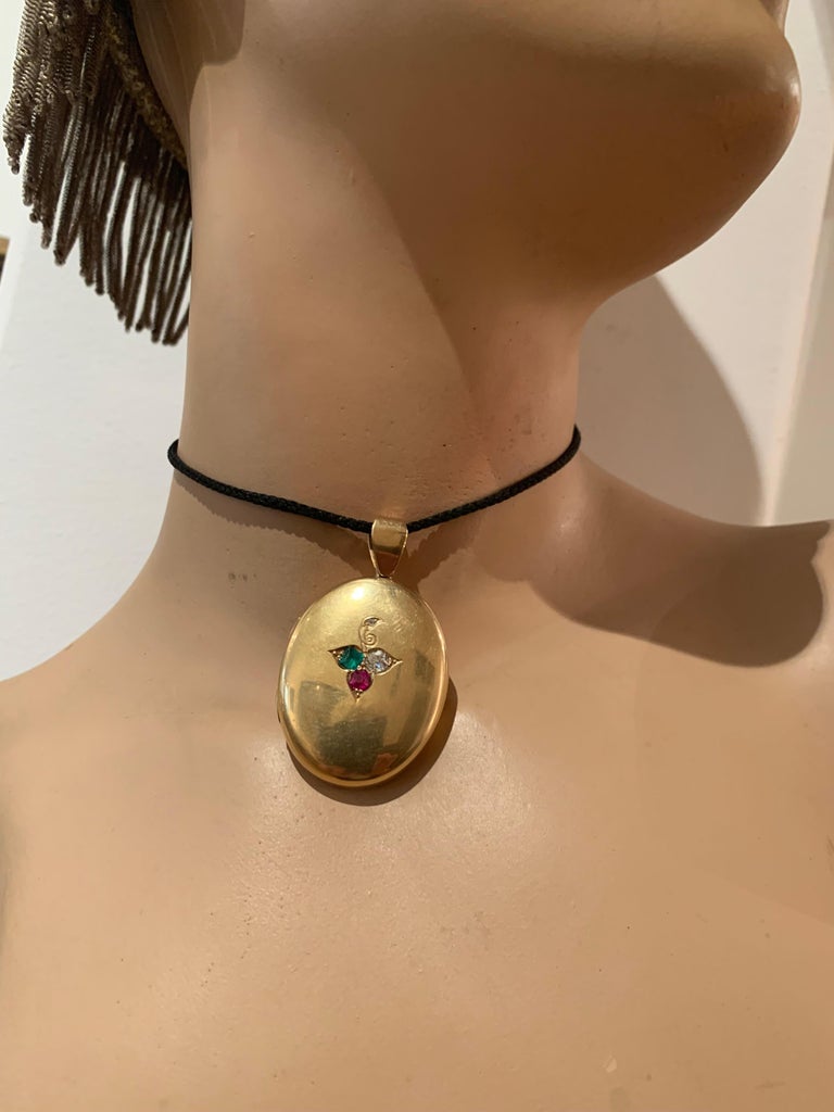 Antique Locket Pendant 18 Karat Gold Emerald Diamond Ruby Trefoil ...