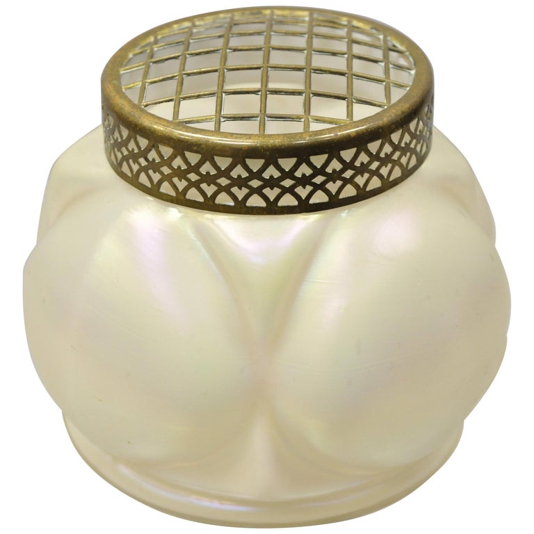 Antique Loetz Art Glass Iridescent Flower Vase Arranger Brass Lid ...