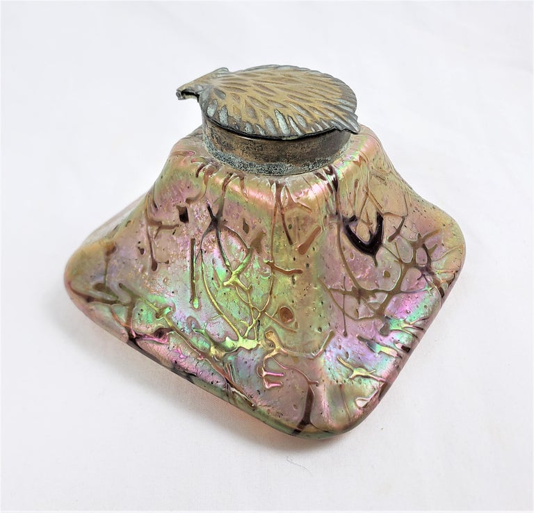 Antique Loetz Styled Green Art Glass Inkwell with Strong Irridescence ...