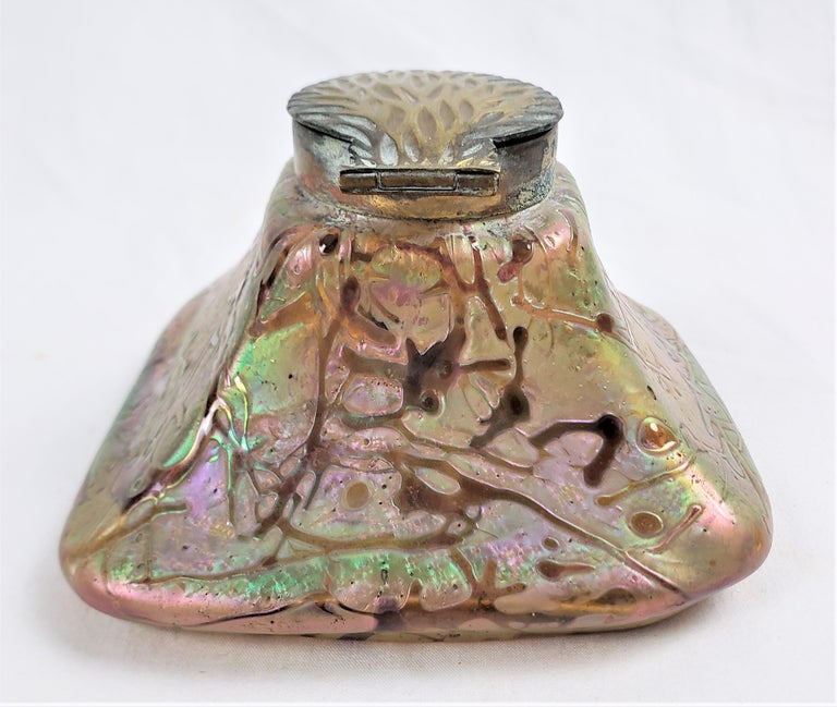Antique Loetz Styled Green Art Glass Inkwell with Strong Irridescence ...